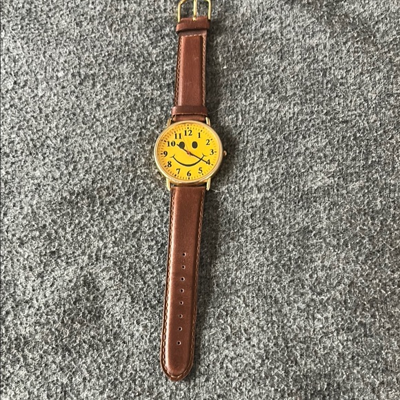 Accessories | Vintage Smiley Face Watch With Brown Leather Strap Watch ...